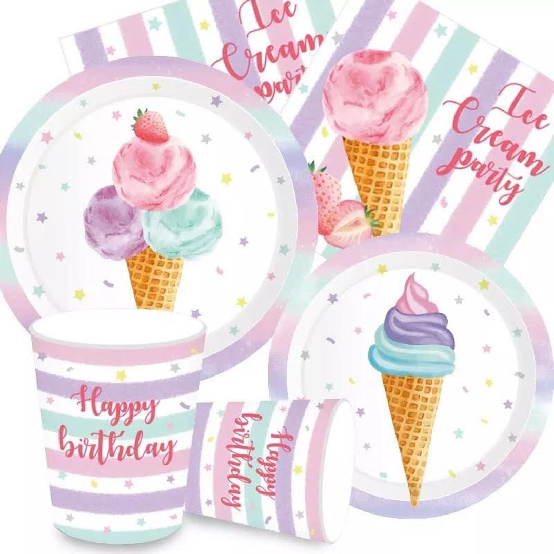 Pastel Ice Cream Party Tableware Set: Disposable Plates, Cups, Napkins ...