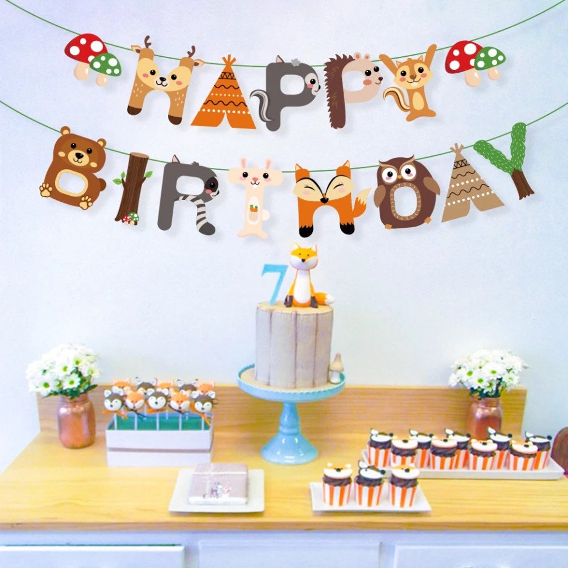 Woodland Animal Theme Happy Birthday Banner Forest Birthday - Etsy