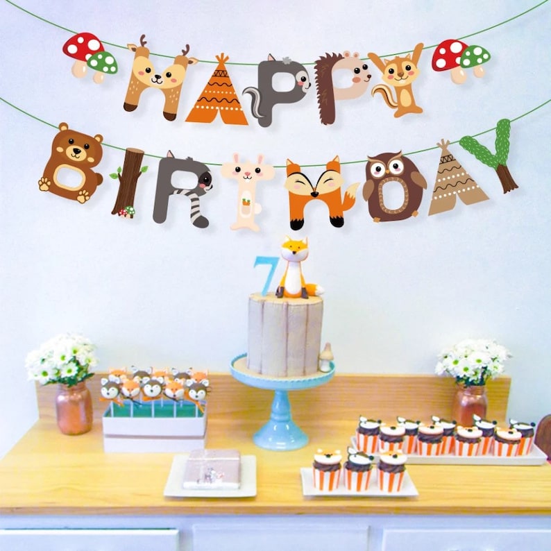 Woodland Animal Theme Happy Birthday Banner Forest Birthday - Etsy