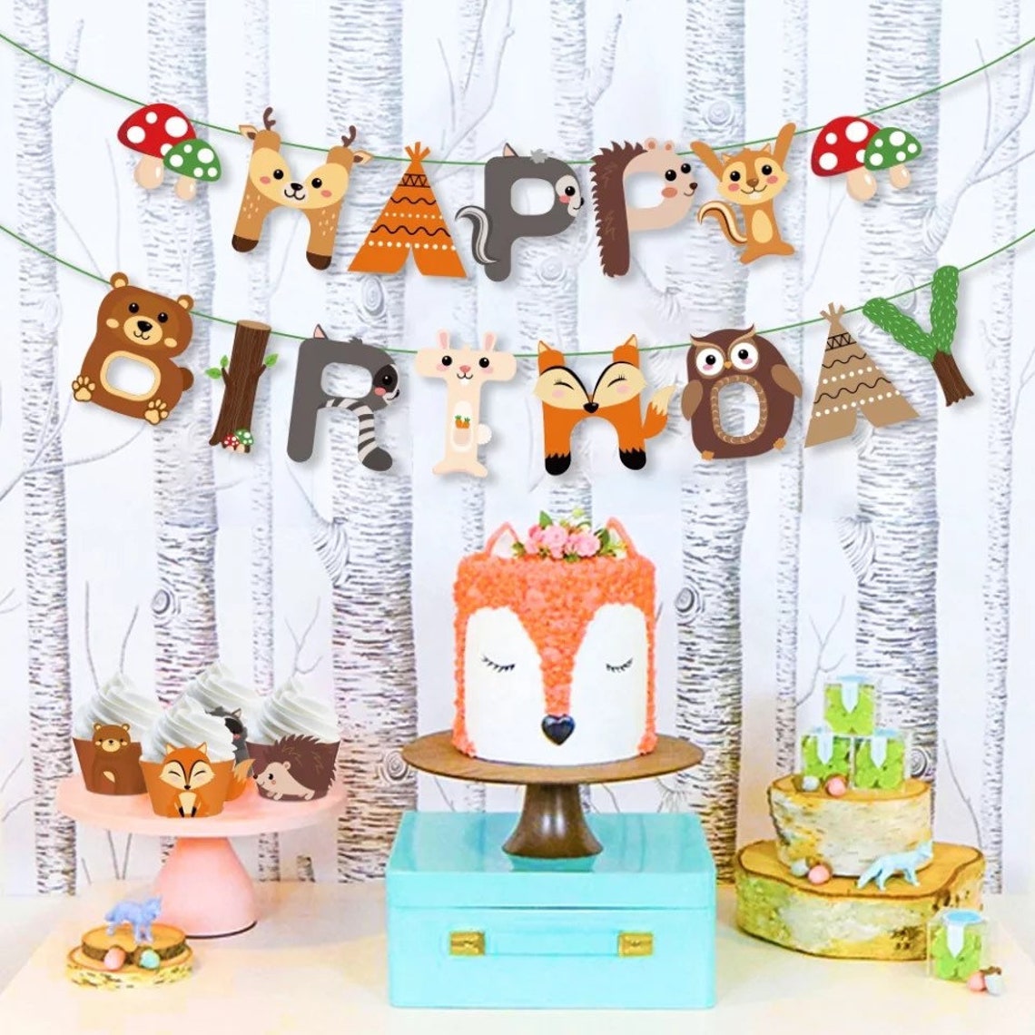 Woodland Animal Theme Happy Birthday Banner Forest Birthday - Etsy
