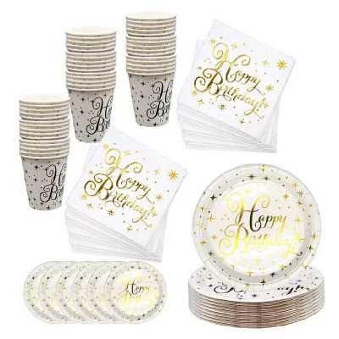 White and Gold Happy Birthday Tableware Set, Birthday Table Decor ...