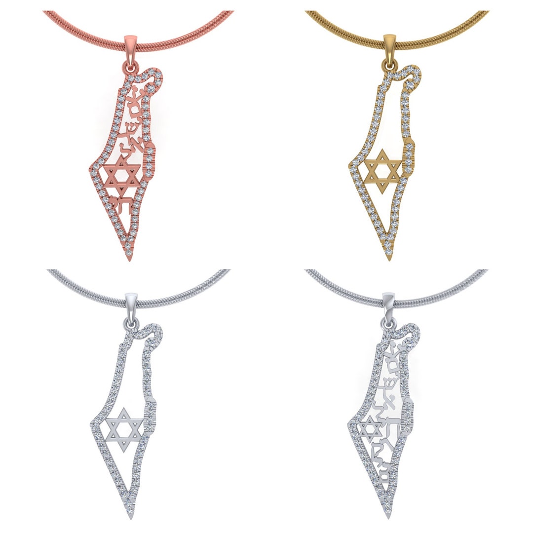 14k Gold Israel Map Diamond Pendant Necklace, Solid Gold Necklace ...