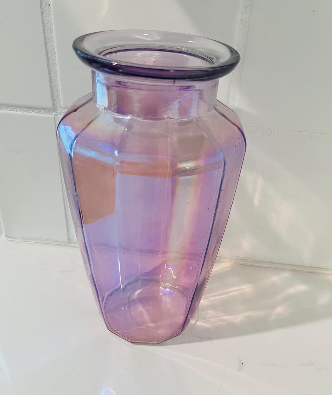 Lavender Iridescent Art Glass Vase | Octagonal 1950s Floral Decor - Etsy
