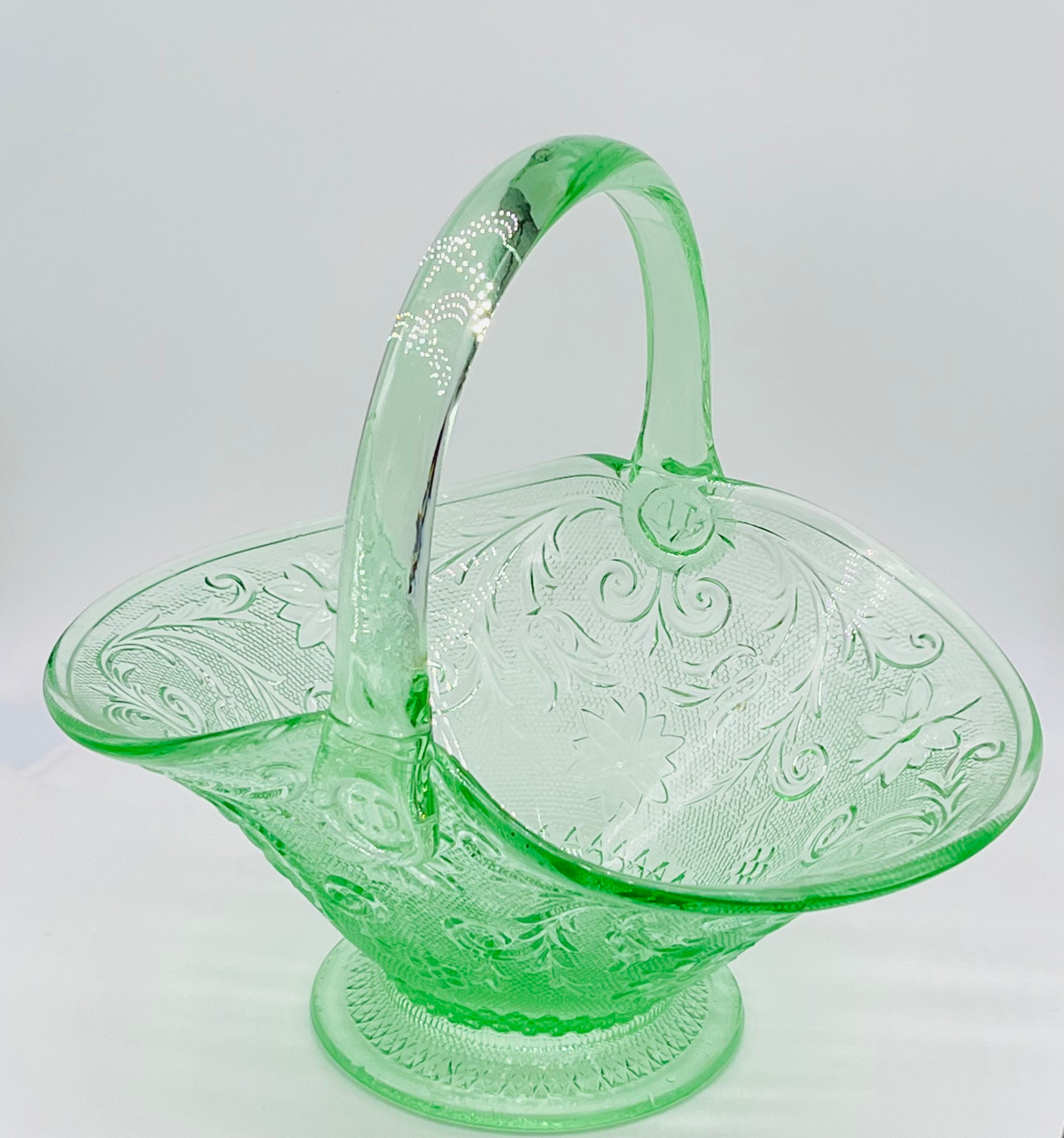Vintage Green Hand Blown Glass Basket Sandwich Light Green Pattern ...