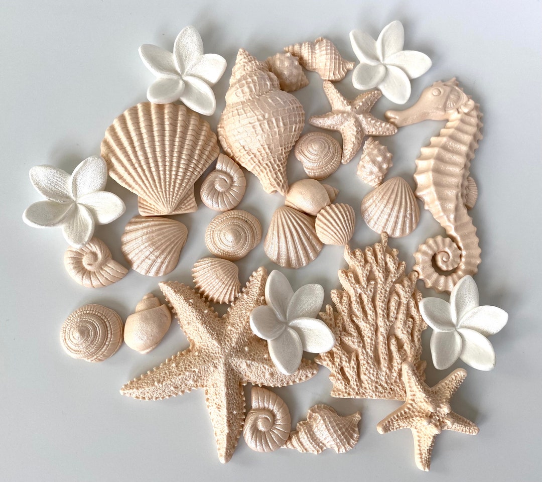 Edible Fondant Sugar Paste Seashells, Seahorses, Starfish, Plumeria ...