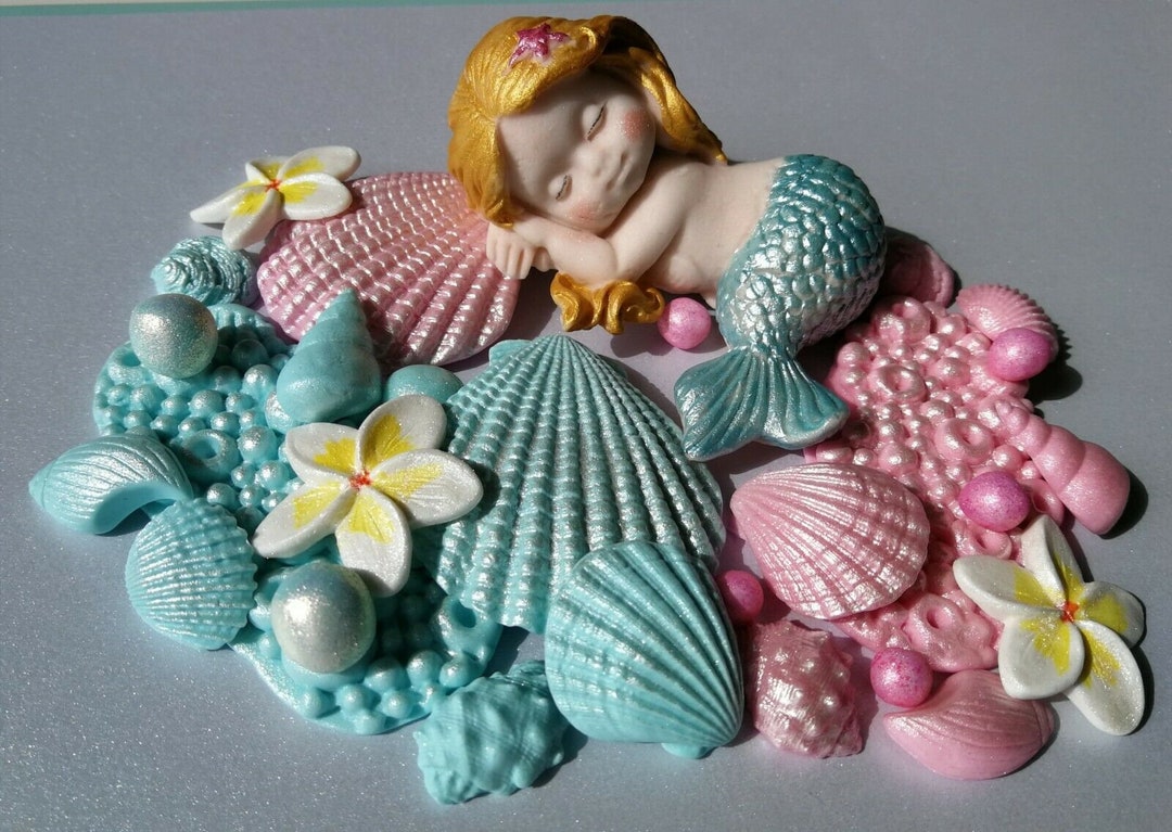 Fondant Mermaid, Fish Tails, Seashells, Coral, Plumeria Flower, Sea ...