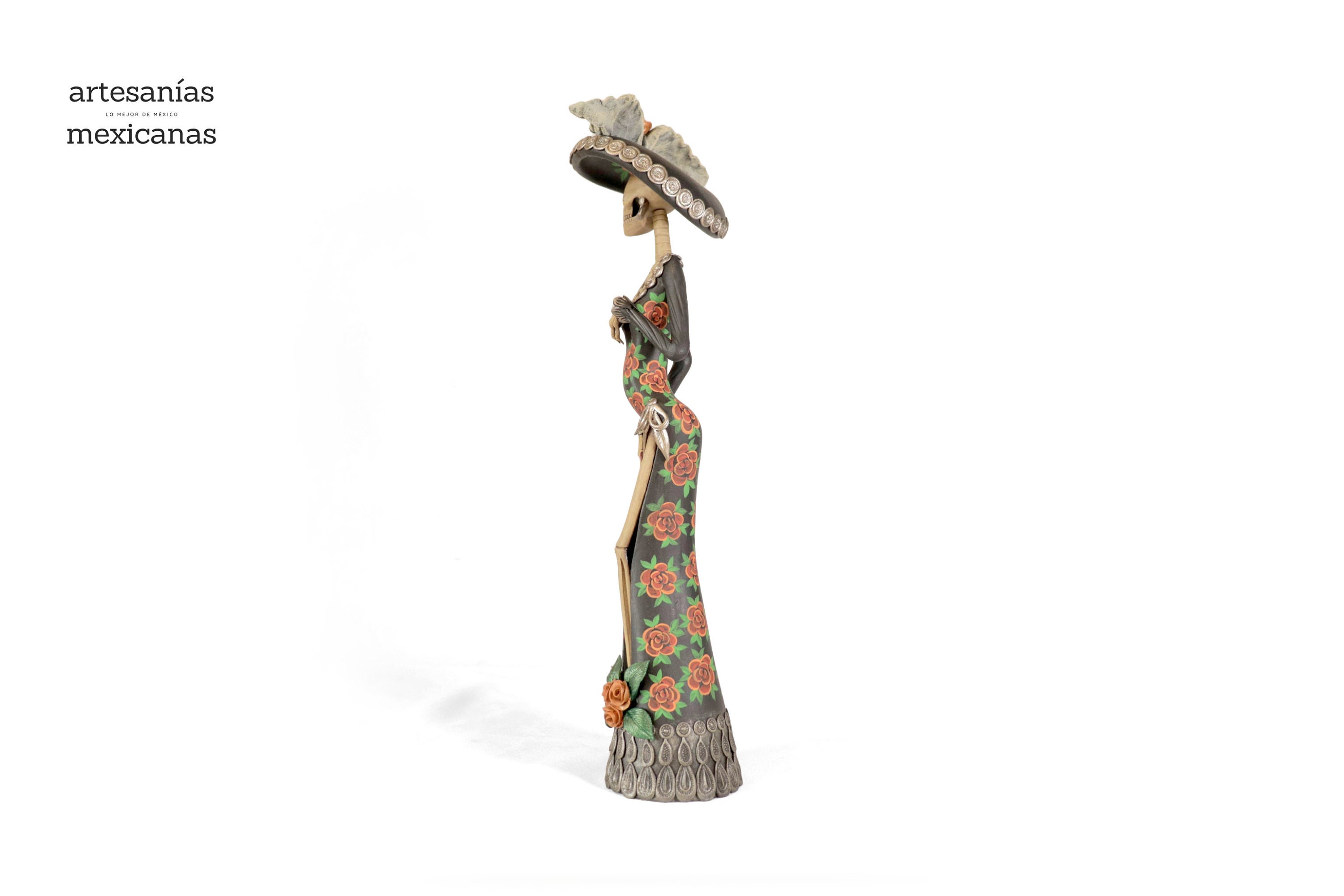Catrina on Its Dress With Flowers - 50 Cm. 19 In. - Clay Mexican Art ...