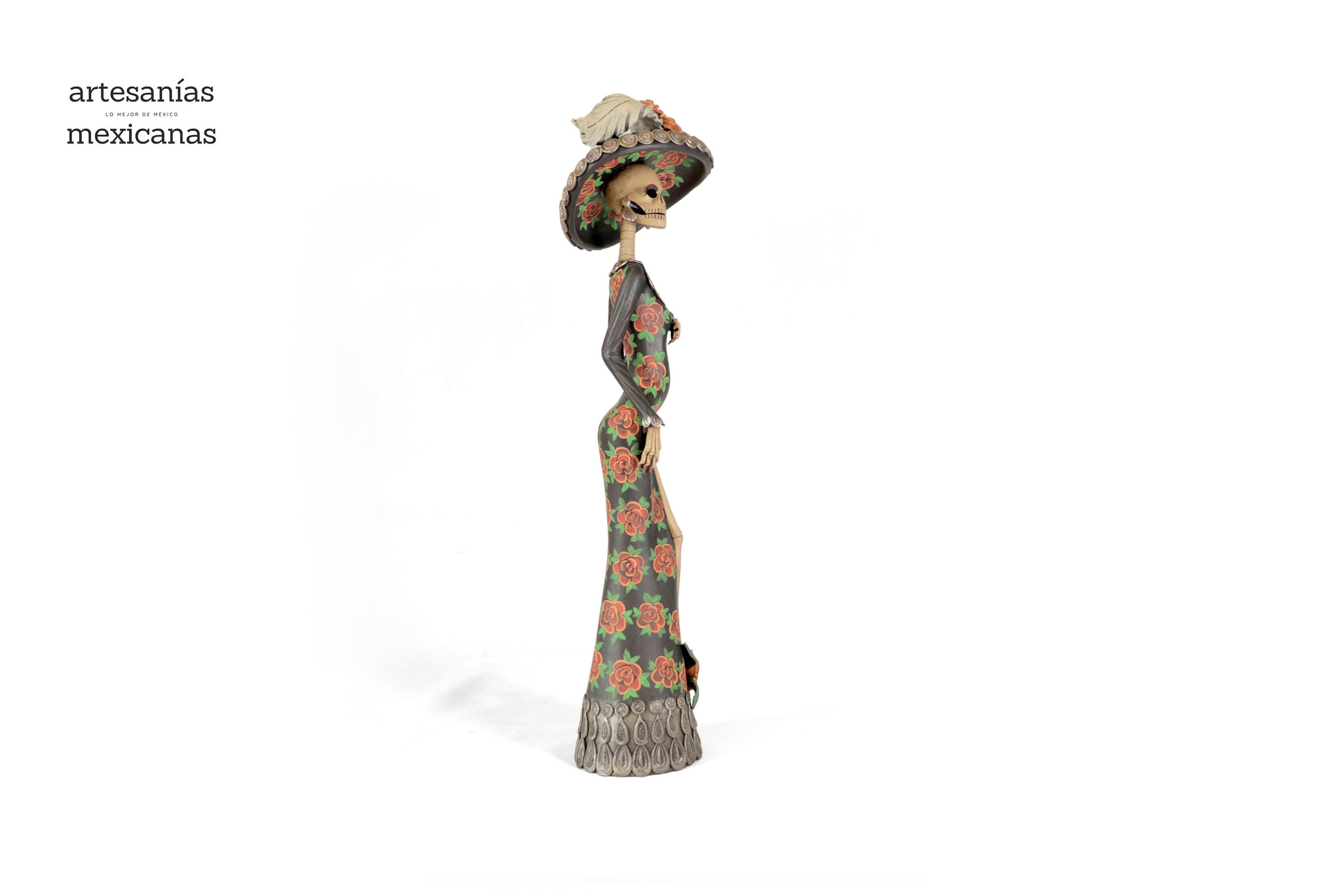 Catrina on Its Dress With Flowers - 50 Cm. 19 In. - Clay Mexican Art ...