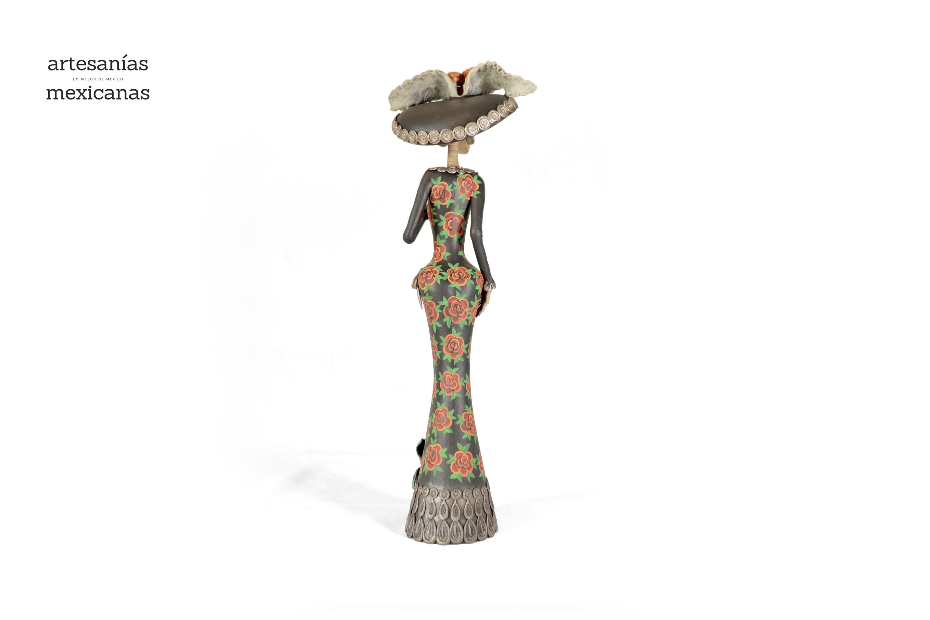 Catrina on Its Dress With Flowers - 50 Cm. 19 In. - Clay Mexican Art ...
