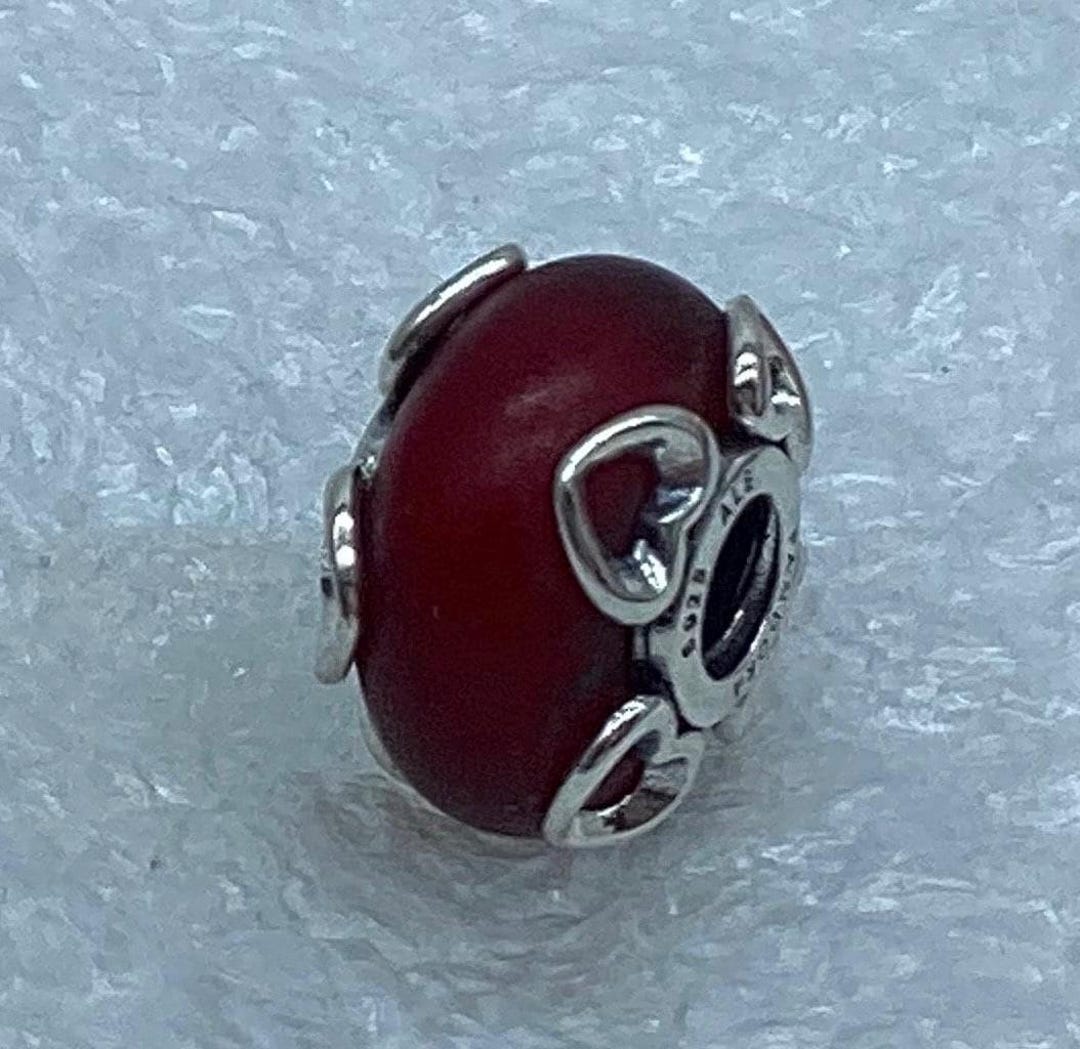 Pandora,” Frosted Dark Red & Silver Hearts Murano Glass Charm , S925ALE ...