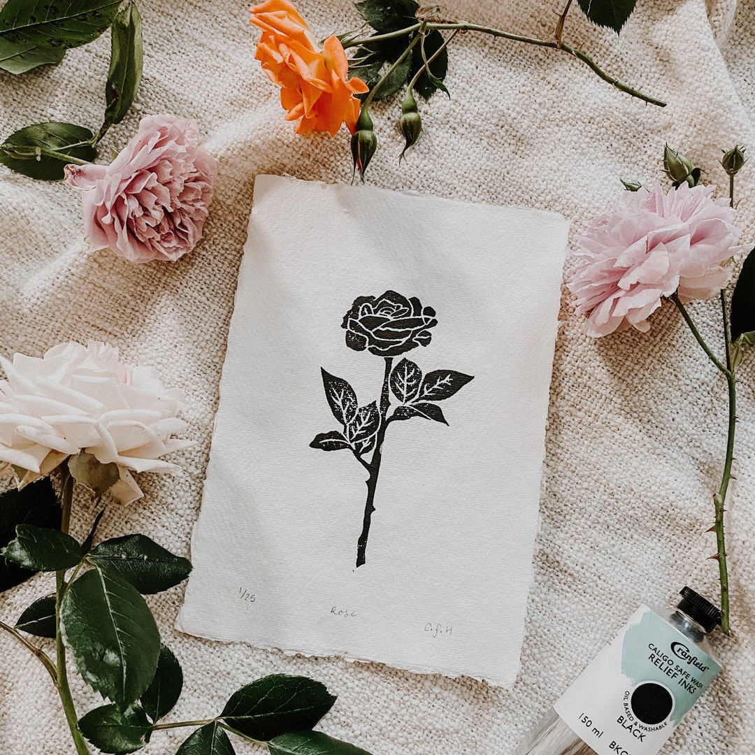 Rose Stem Linocut Print, Minimalist Handmade Block Print Black Floral ...