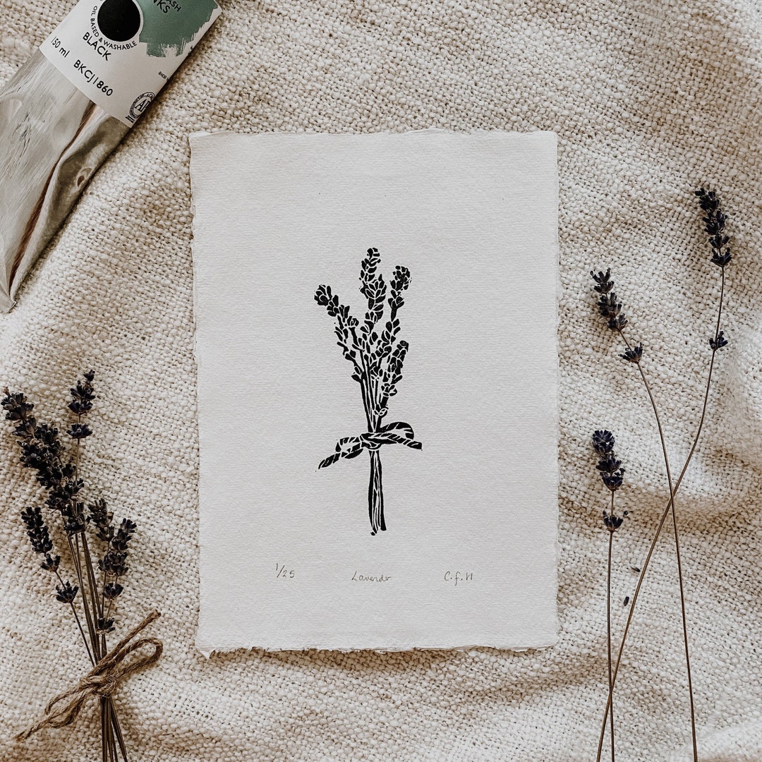 Lavender Linocut Print, Original Floral Bouquet Black Flower Hand Made ...