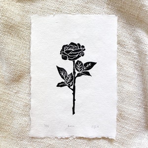 Rose Stem Linocut Print, Minimalist Handmade Block Print Black Floral ...