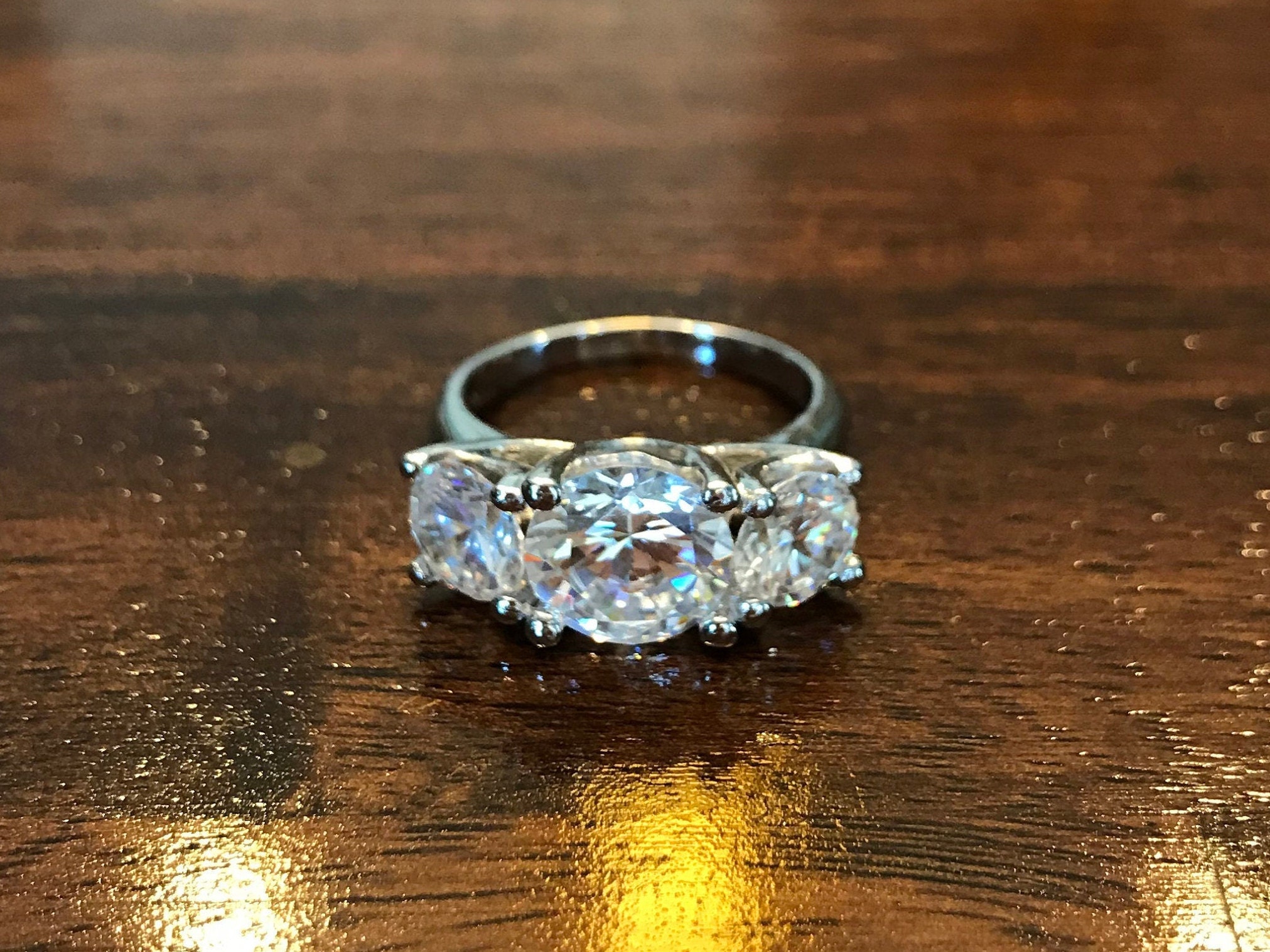 Vintage Three Stone CZ Cubic Zirconia Ring .925 Sterling Silver Band ...