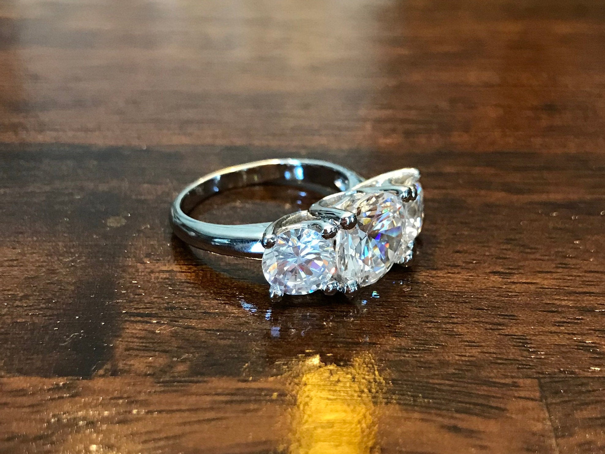 Vintage Three Stone CZ Cubic Zirconia Ring .925 Sterling Silver Band ...