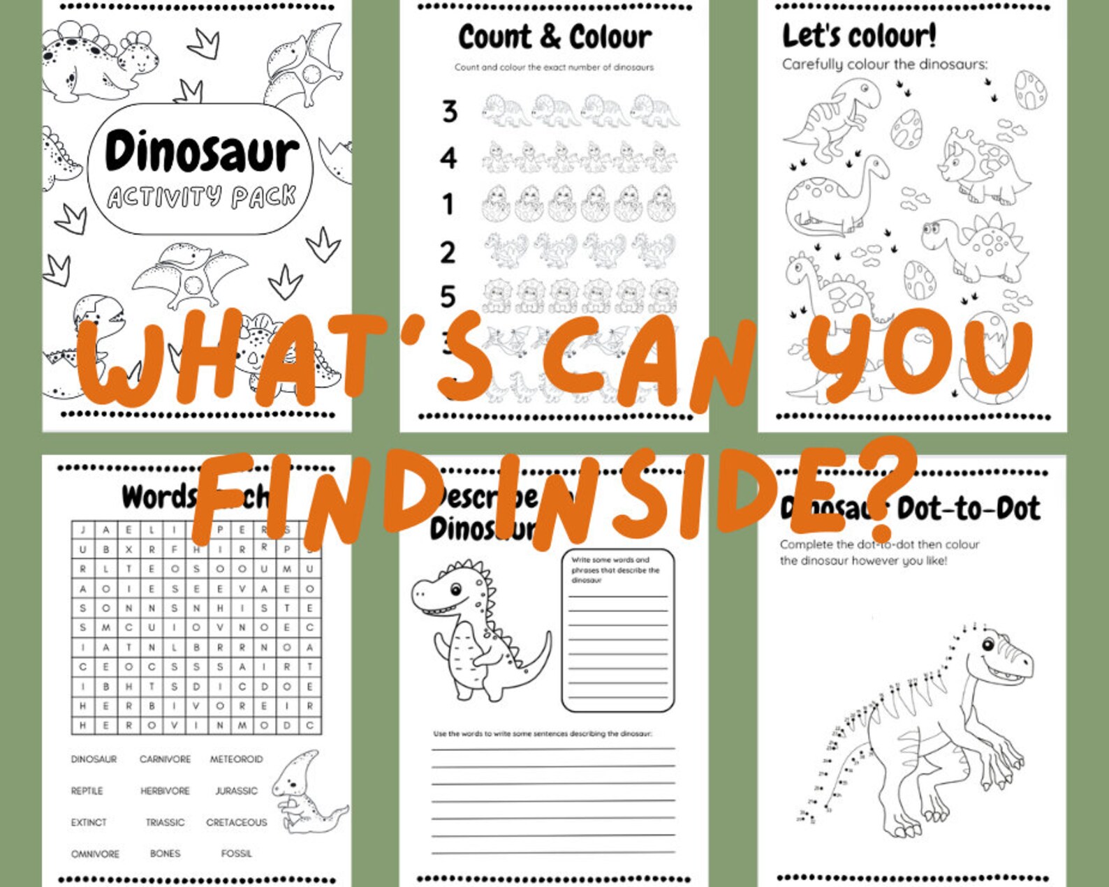 Dinosaur Activity Pack Dino Printable, Dinosaur Word Search, Dino Games ...