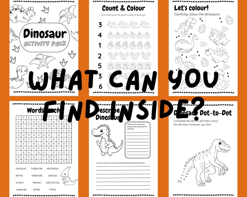 Dinosaur Activity Pack for Kids, Printable Games & Colouring Pages, Fun ...
