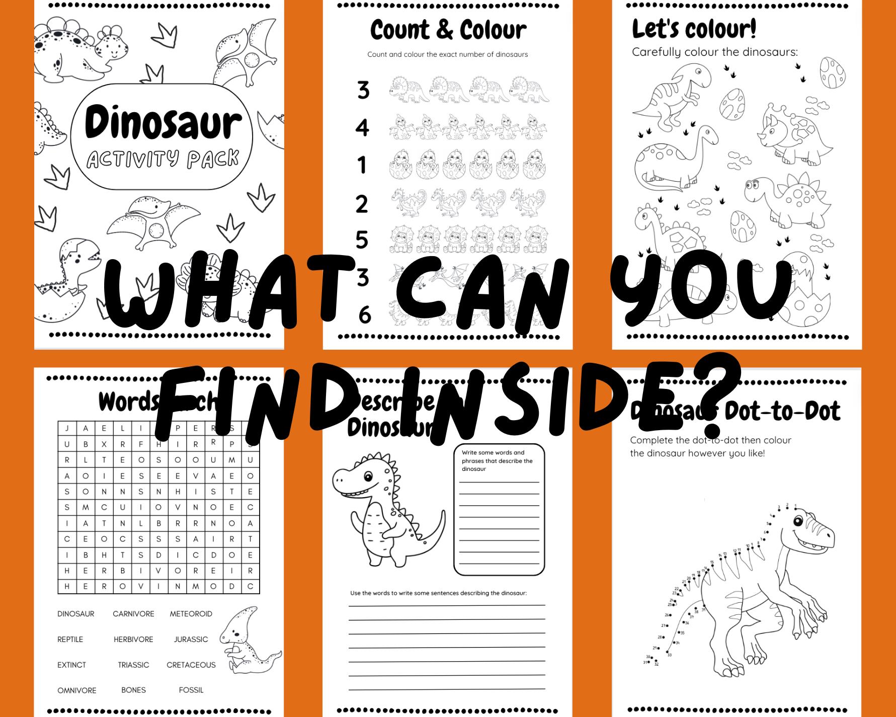 Dinosaur Activity Pack for Kids, Printable Games & Colouring Pages, Fun ...