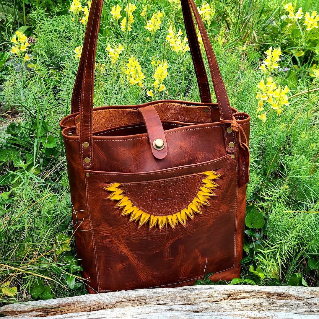 Custom Leather Sunflower Tote Bag - Etsy