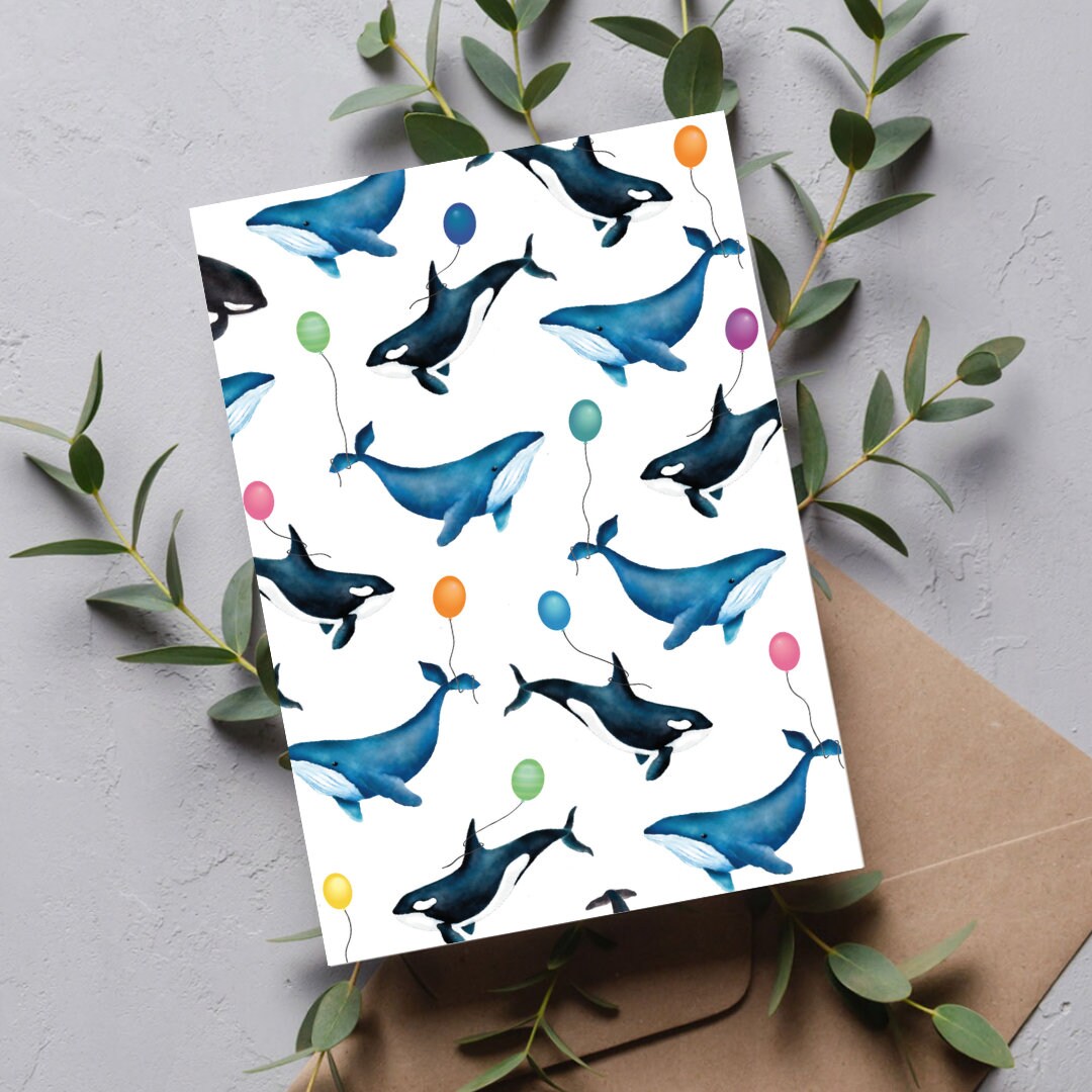 Whale Birthday Card A6 or A7 Blue Whales and Killer Whales With ...