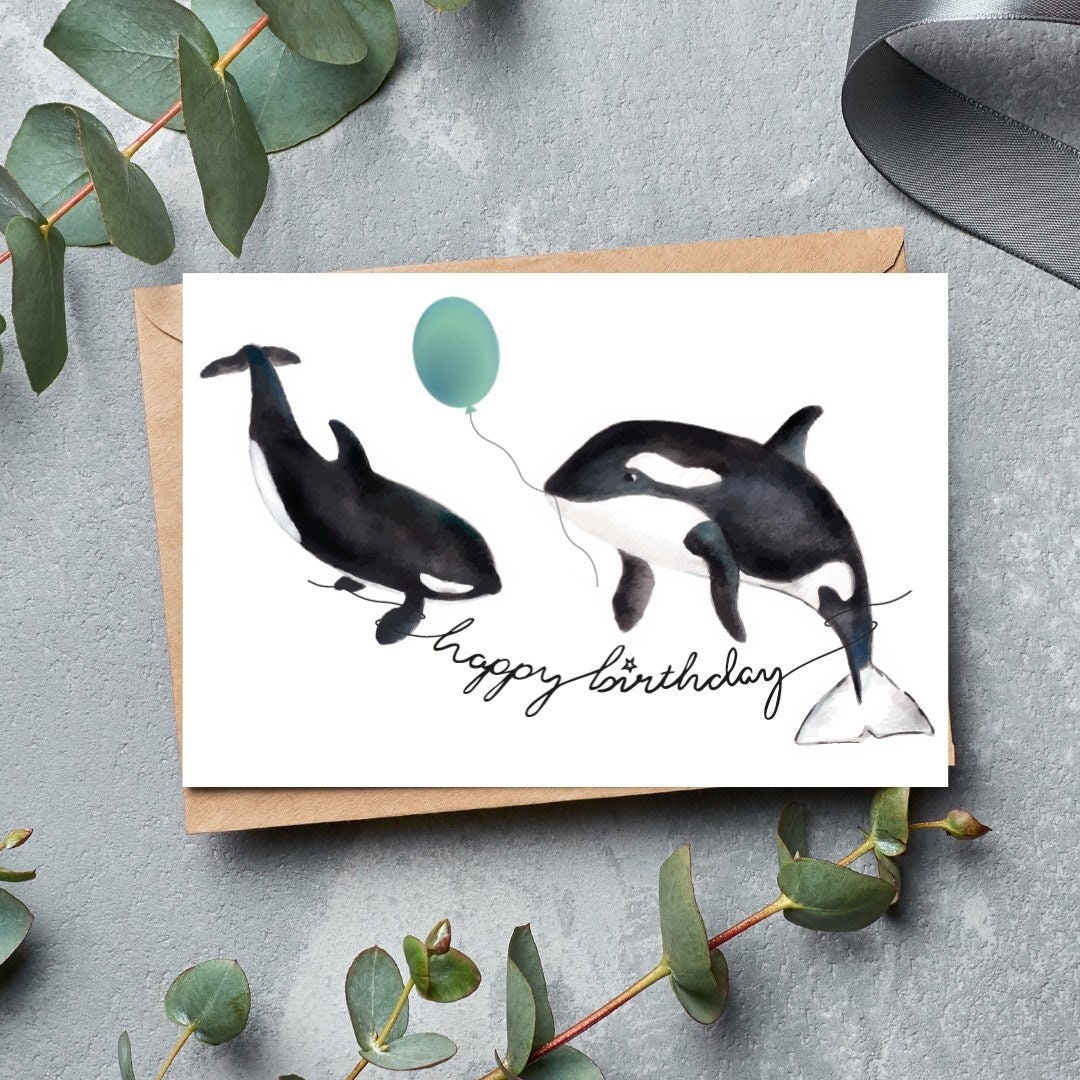 Orca A6 Happy Birthday Greeting Card | Cute Killer Whale Ballon Card ...