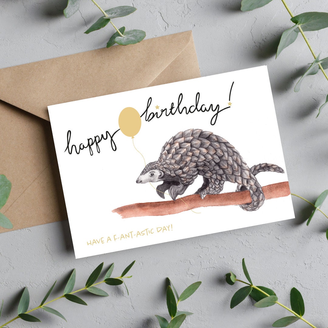 Pangolin Happy Birthday Card Gold Foiling A6 Original Hand Drawn Design ...