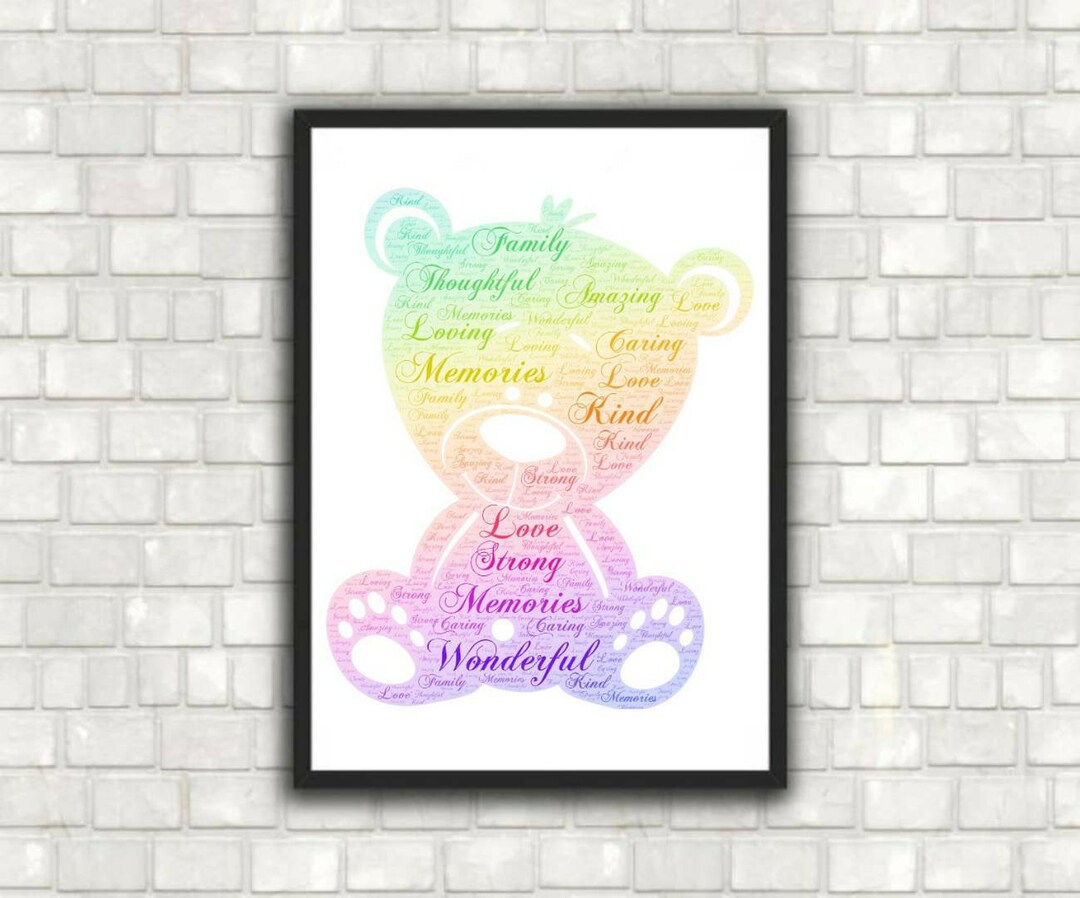 Personalised Unframed A4 Teddy Bear Word Cloud Prints. Babys Nursery ...