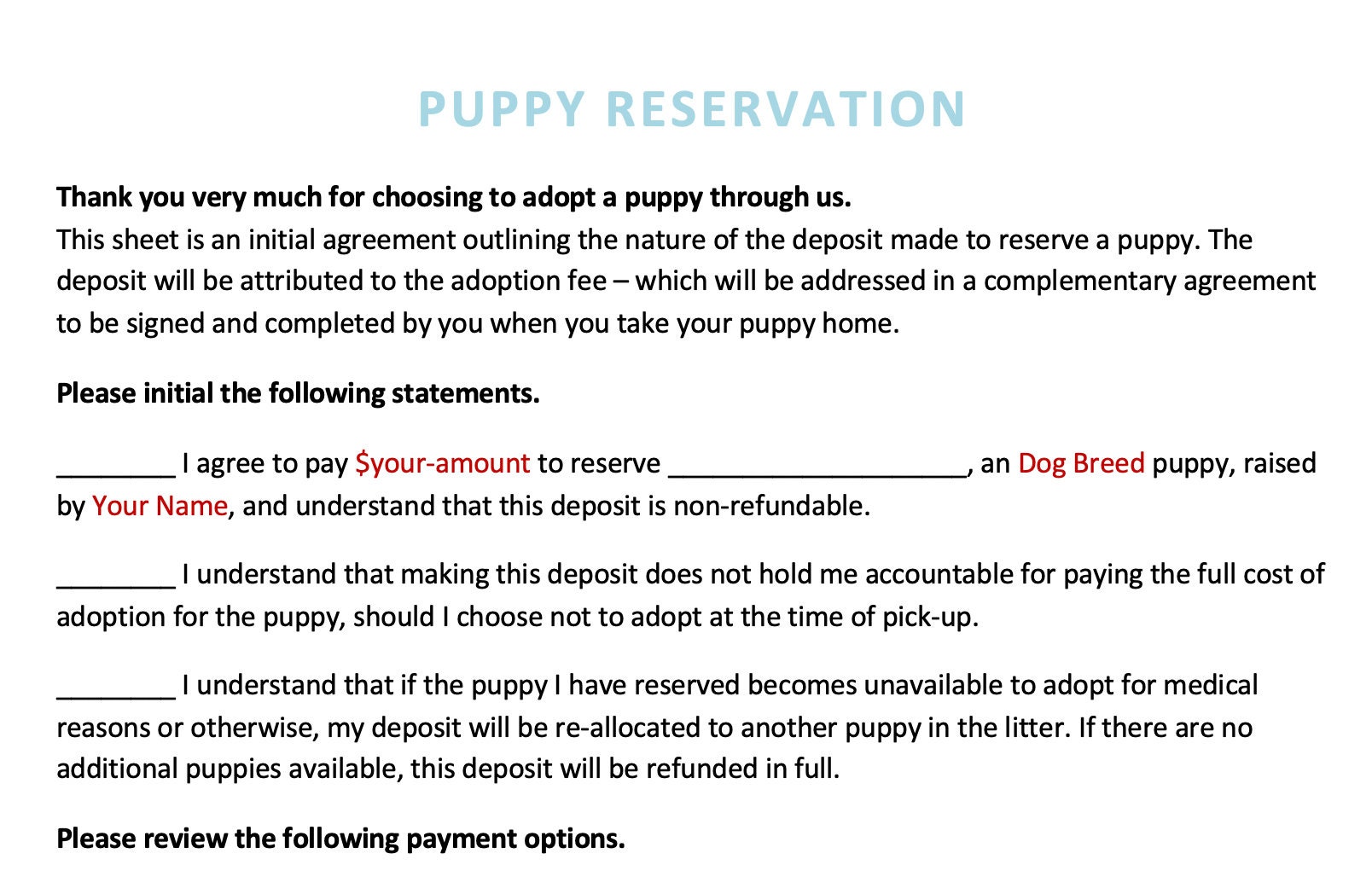 Dog Breeder: Puppy Reservation Contract | Etsy