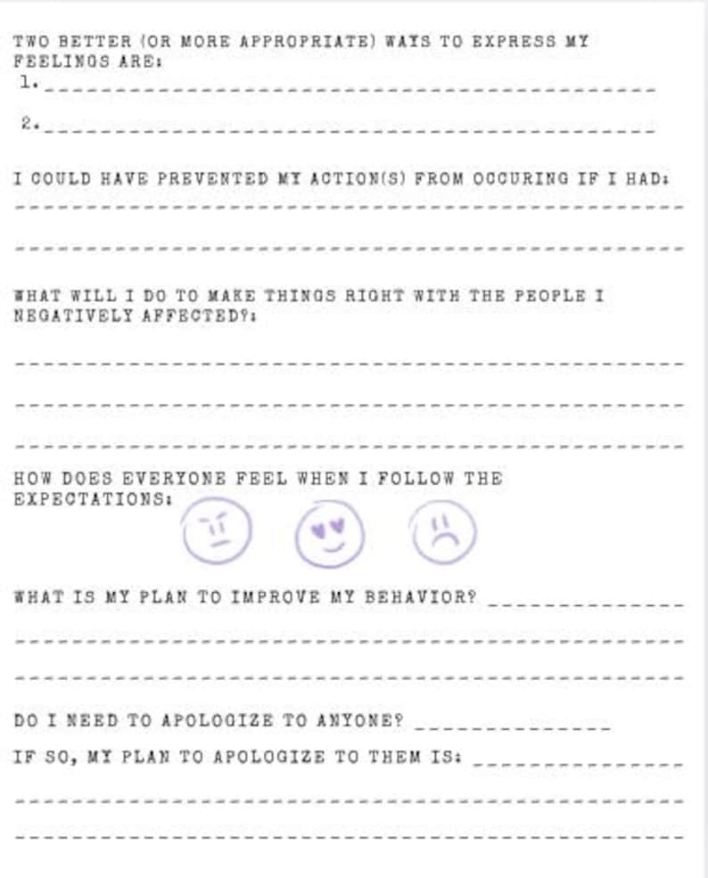Behavior Reflection Sheet | Behavior Think Sheet- for Kids, Children ...
