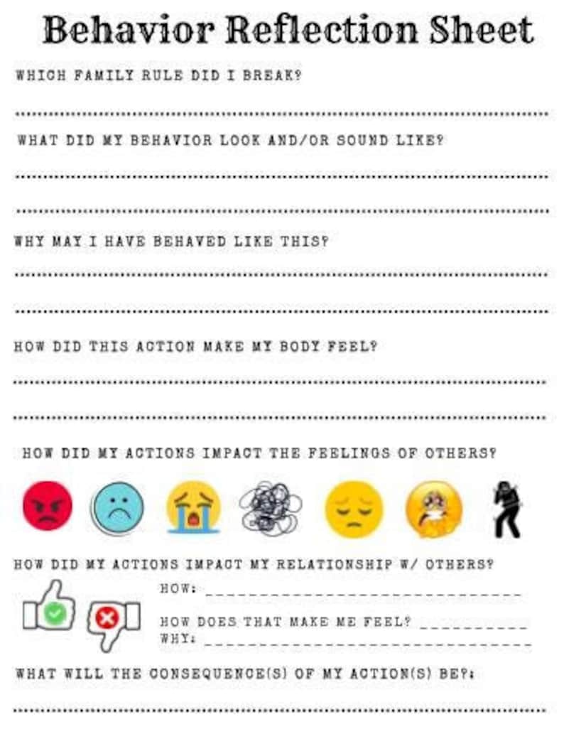 Behavior Reflection Sheet | Behavior Think Sheet- for Kids, Children ...