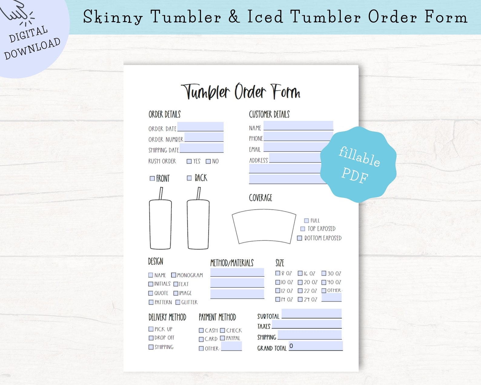 Tumbler Order Forms Bundle, Cold Cup Order Form, Sublimation Tumbler ...