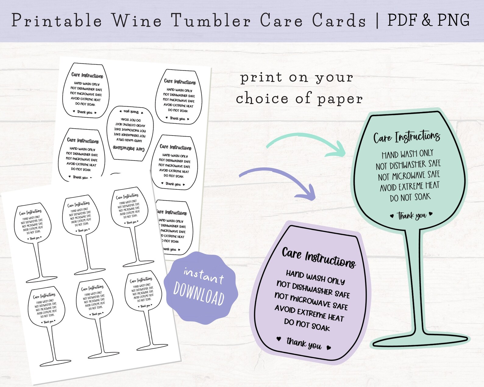 Printable Wine Glass Care Cards Wine Glass Care Instructions Wine Tumbler Care Stemmed