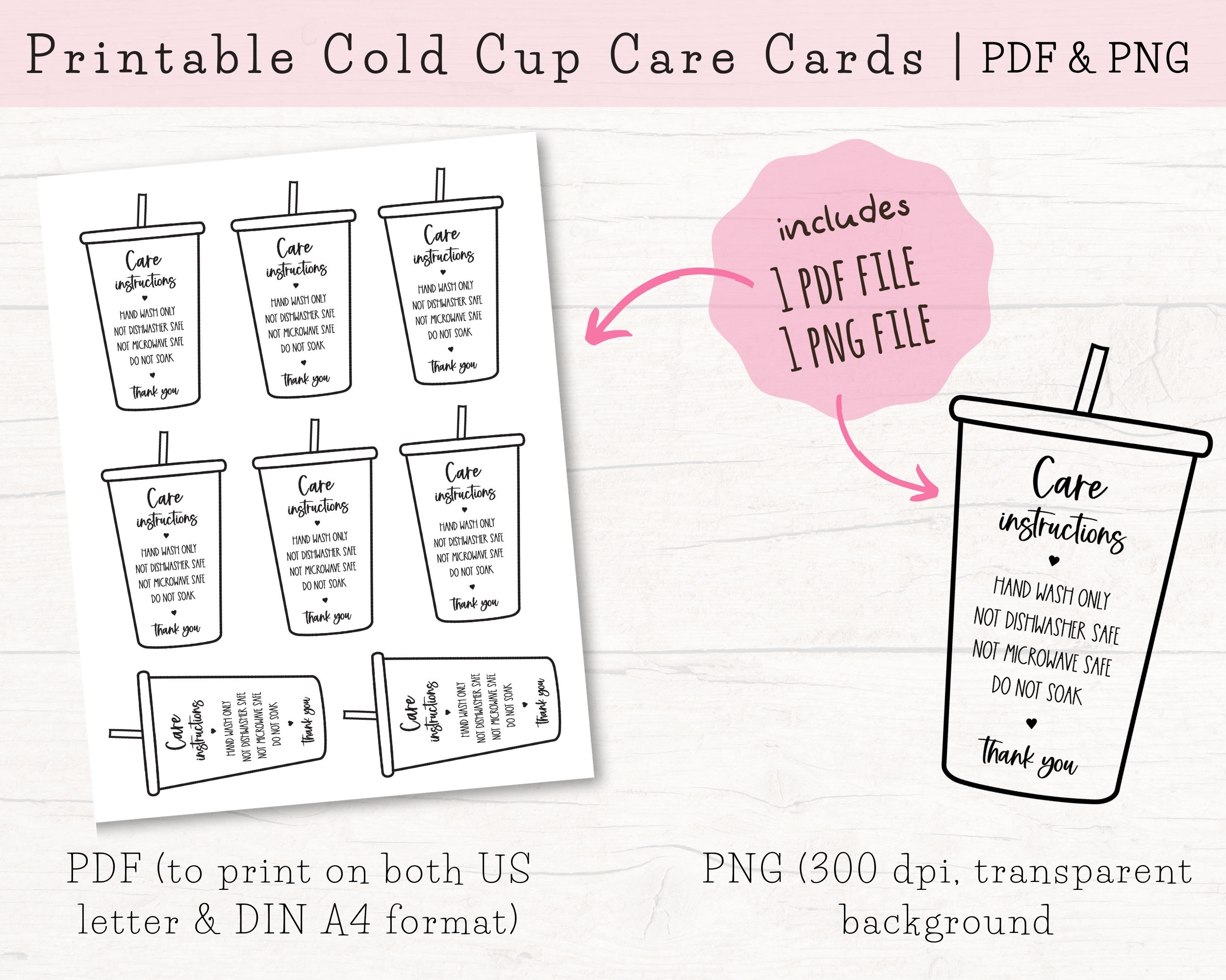 Cold Cup Care Instructions, Printable Cup Care Cards, Iced Tumbler Care ...