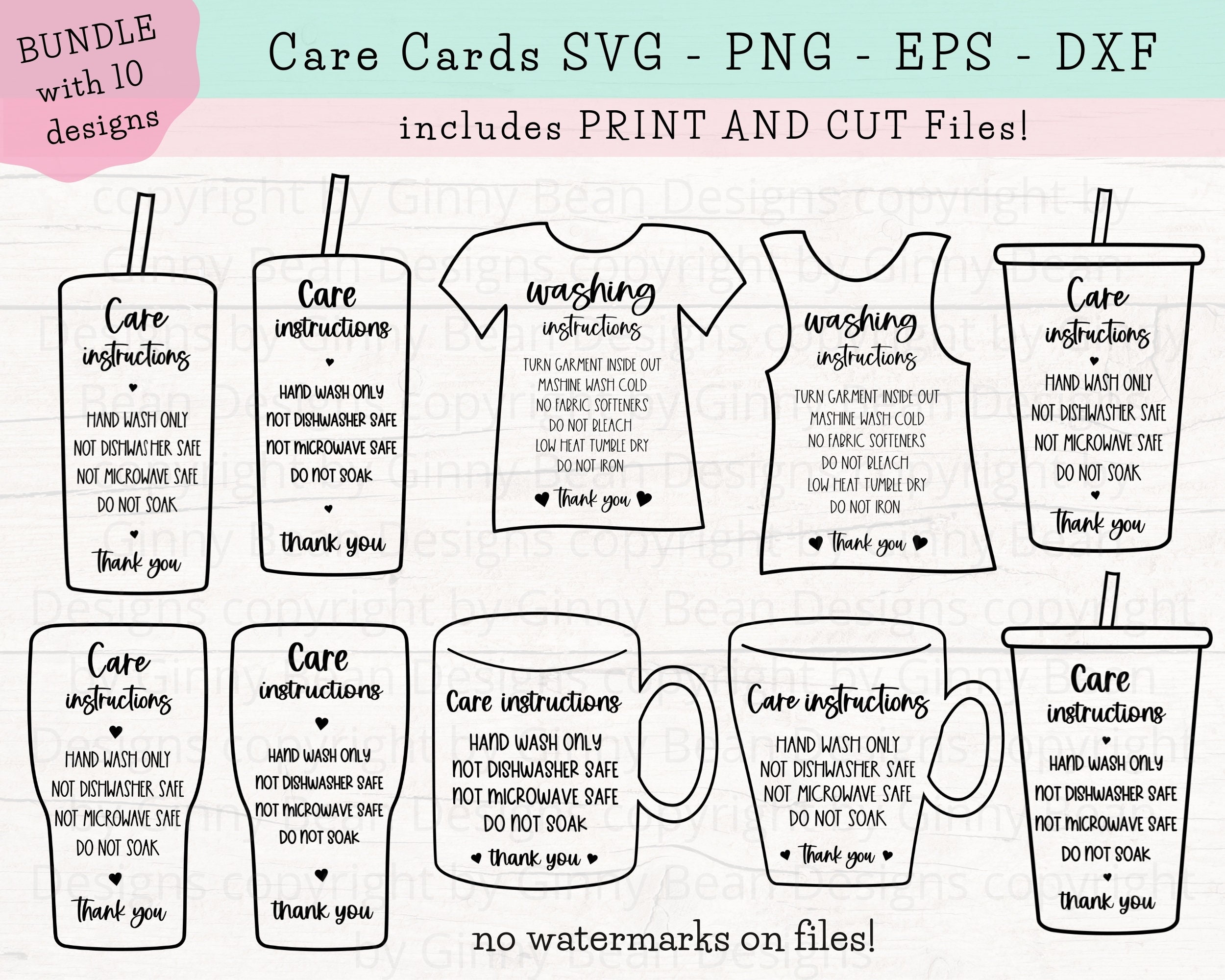 Care Card Bundle SVG PNG Care Card Instructions Print and | Etsy