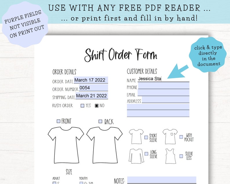 Editable Shirt Order Form, Sweater Order Form, Tank Top Order Form, T ...