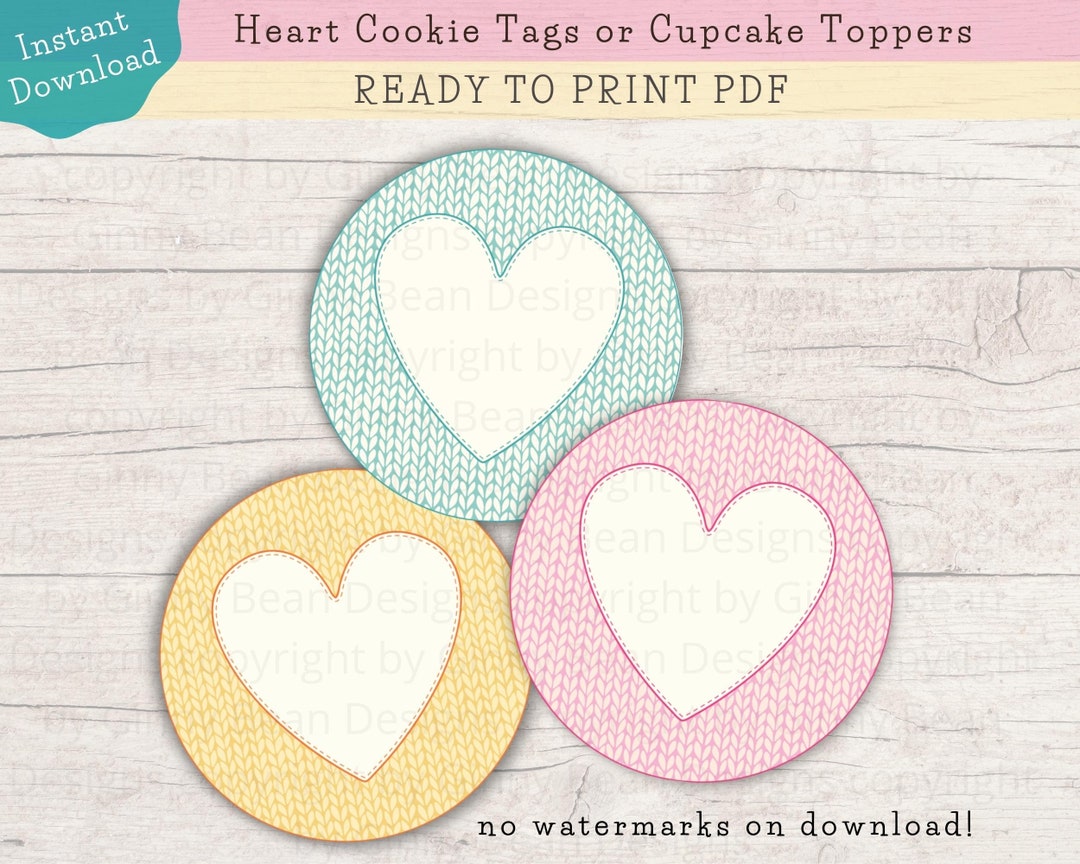 Printable Heart Cookie Tags, Valentines Day Tags, Cupcake Toppers ...
