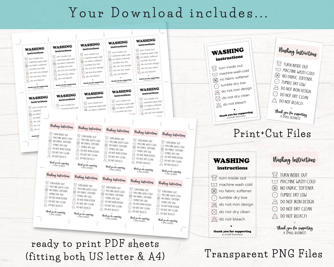 Washing Instructions PNG PDF, Printable Care Tags, Garment Care ...