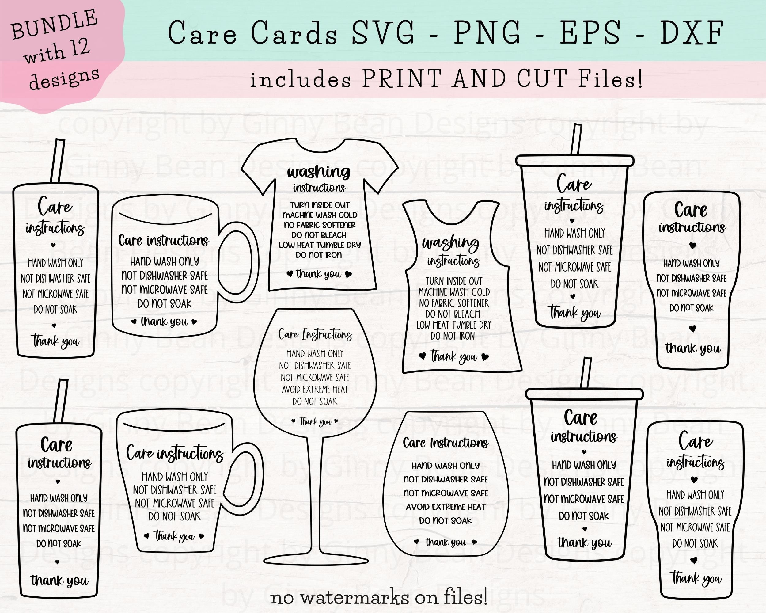 Care Card Bundle SVG PNG, Care Card Instructions, Print and Cut PNG ...