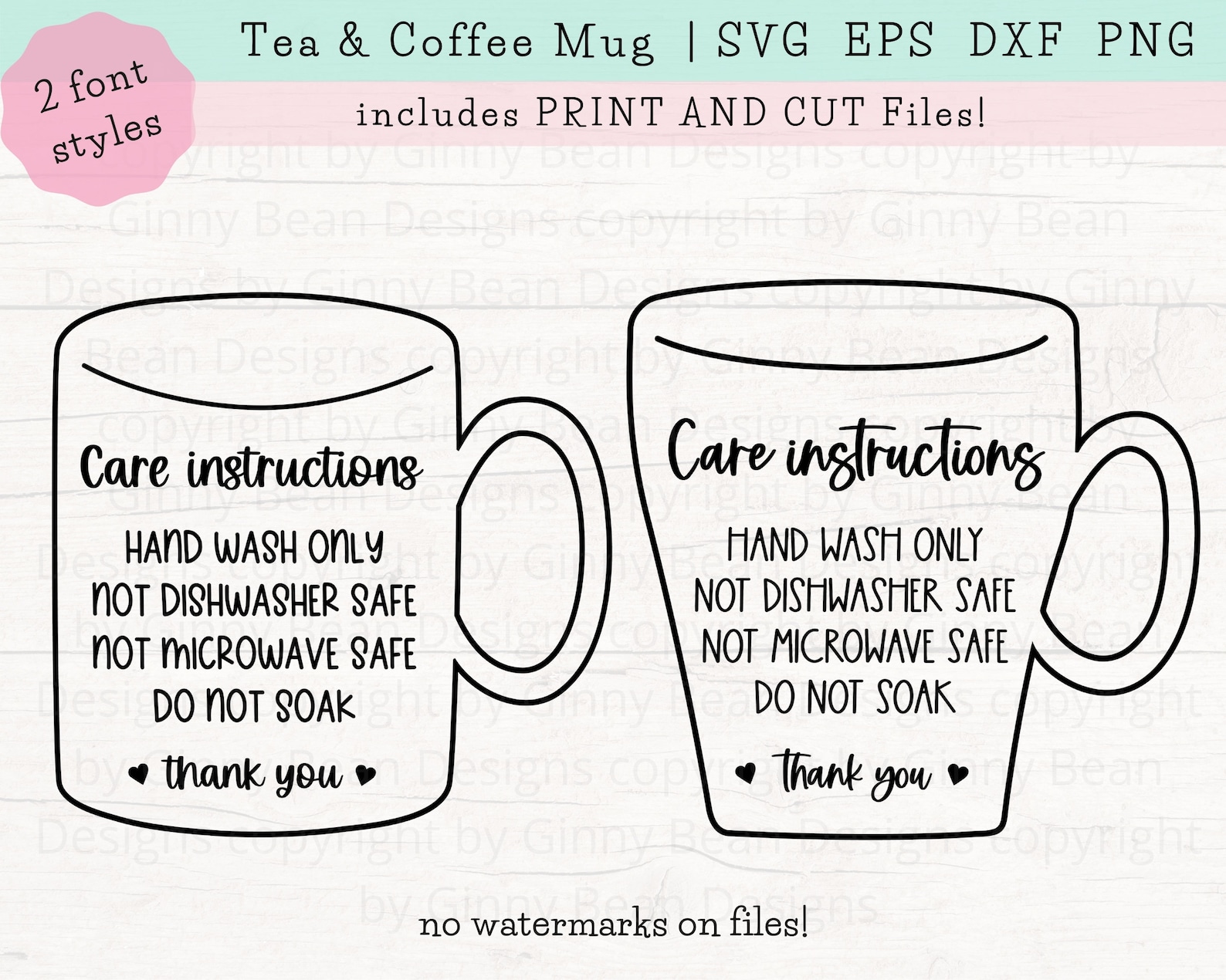 Mug Care Card SVG, Cup Care Instructions, Print and Cut Files, Coffee ...