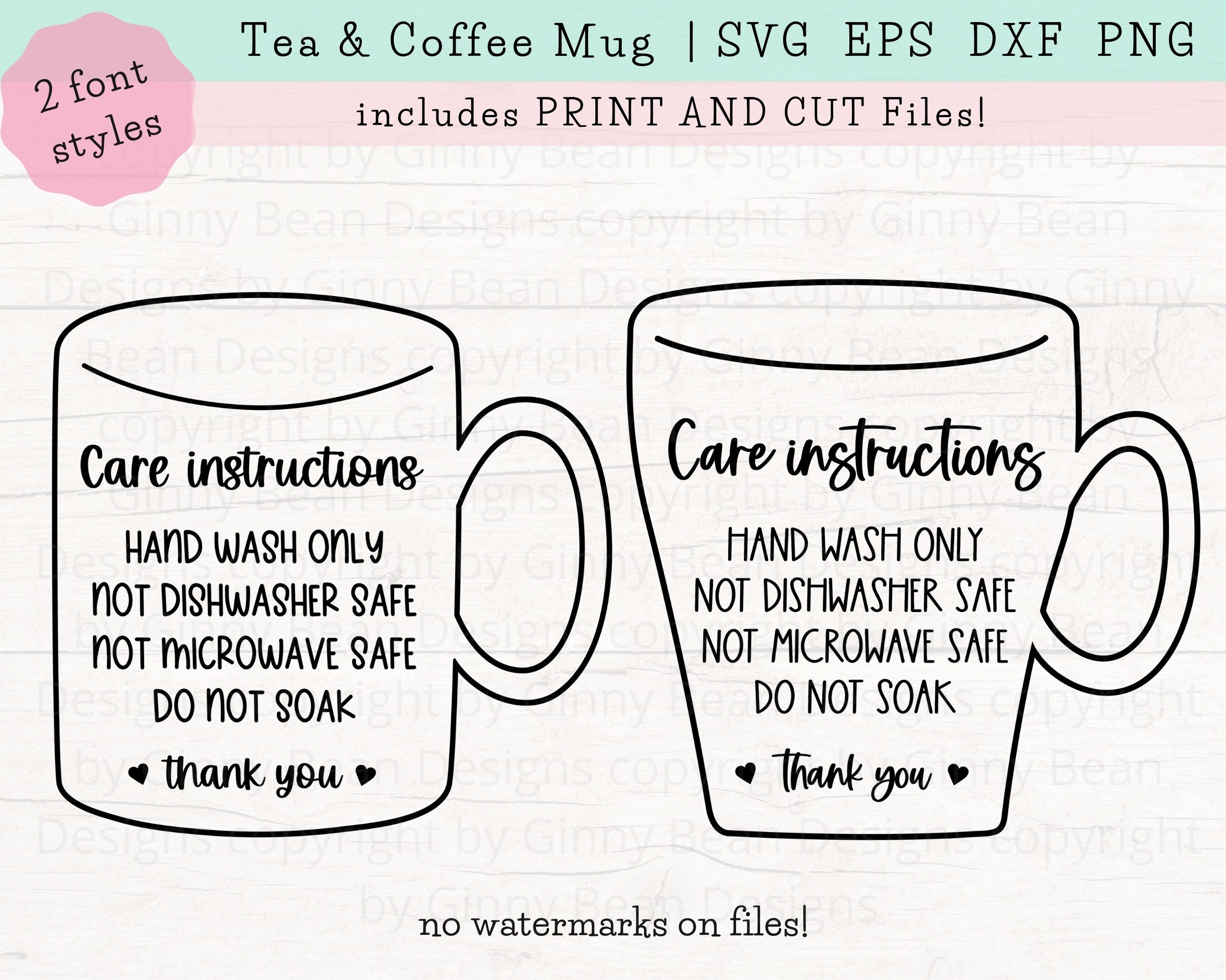 Mug Care Card SVG, Cup Care Instructions, Print and Cut Files, Coffee ...