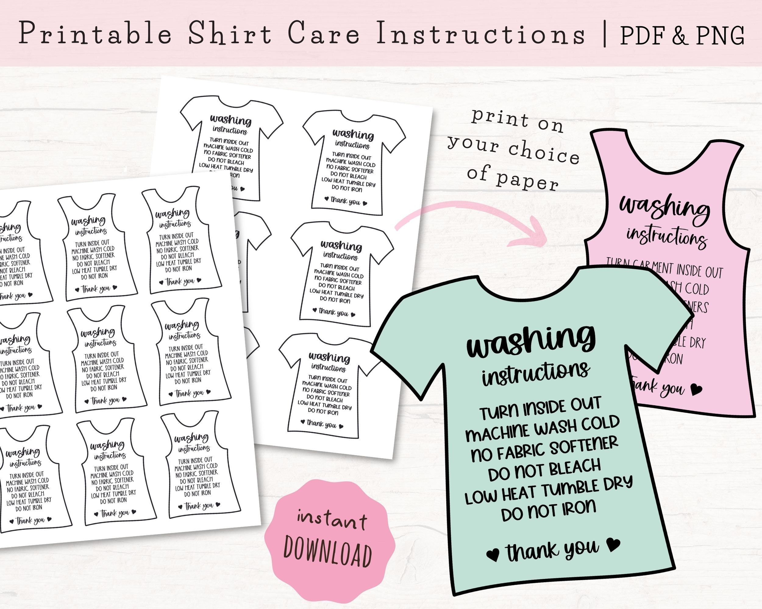 Shirt Care Cards PRINTABLE, Clothing Washing Instructions, T-shirt Care ...