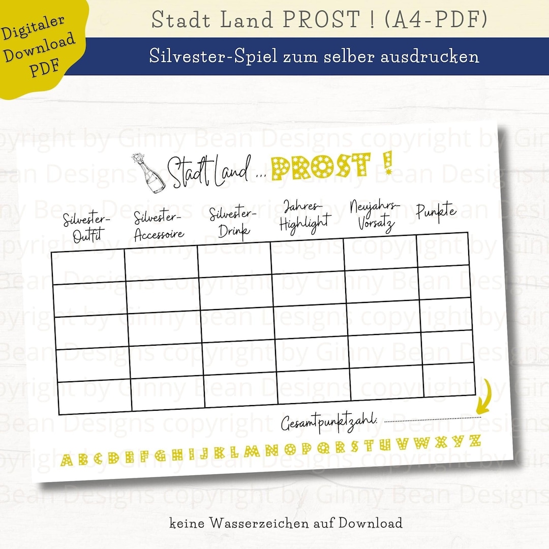 Stadt Land Fluss New Years Game for Adults in GERMAN, PDF Download - Etsy