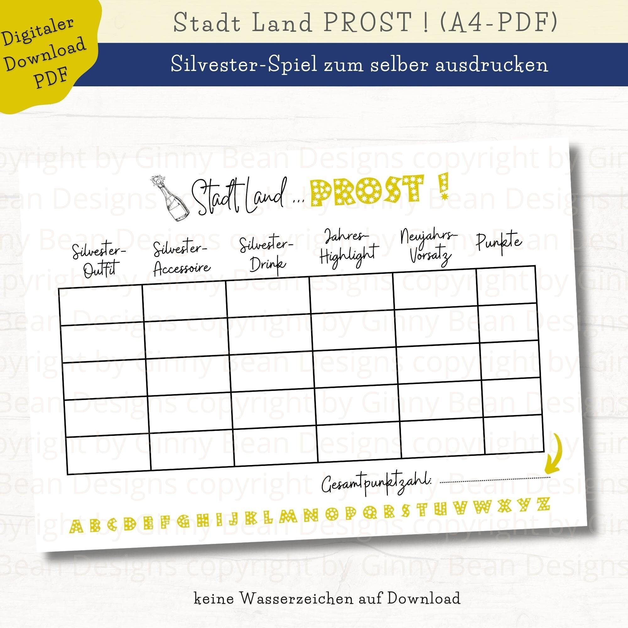 Stadt Land Fluss New Years Game for Adults in GERMAN, PDF Download - Etsy