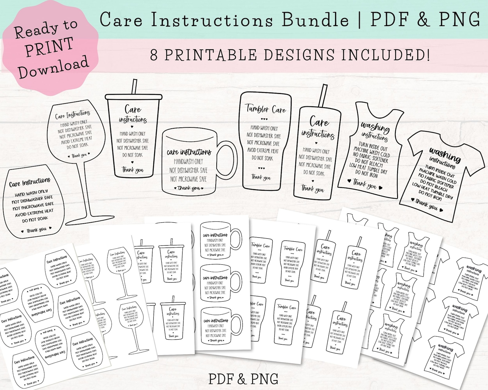 Printable Care Cards Bundle, Sublimation Tumbler Care Cards, Cup Care ...