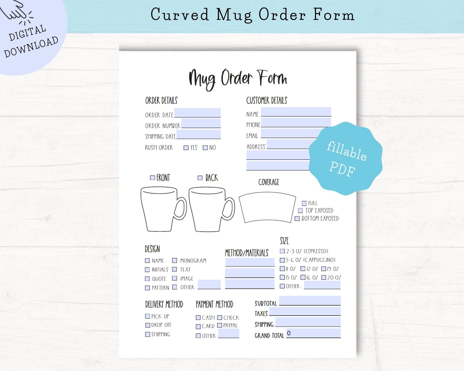 Mug Order Forms Editable, Tea Mug Order Form, Coffee Mug Order Form ...