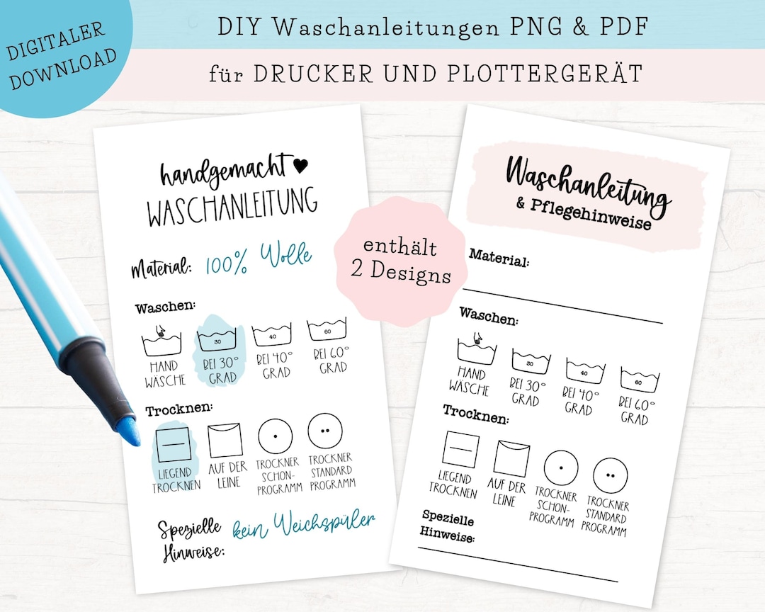 Waschanleitung Deutsch, Pflegehinweise Deutsch, PDF & PNG - Etsy