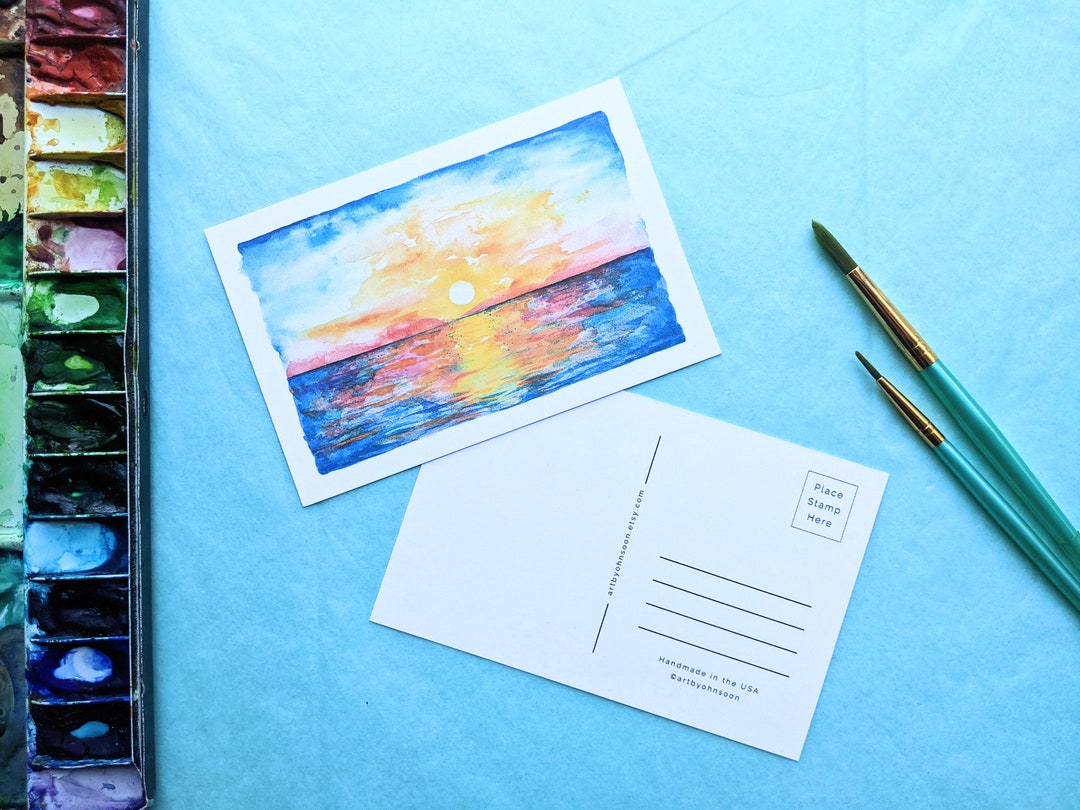 Watercolor Ocean Sunset Postcards, Beach Sunset Scene | Hand Painted ...