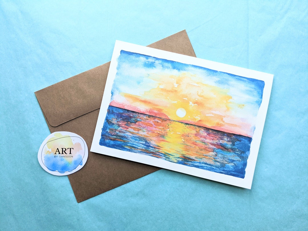 Watercolor Ocean Sunset Greeting Card | Warm, Colorful, Beach Sunset ...