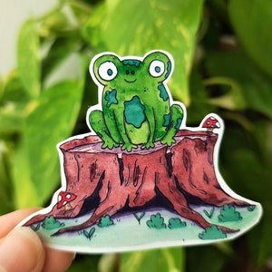 Green frog on a tree stump sticker dreamy vibes witch vibes | Etsy
