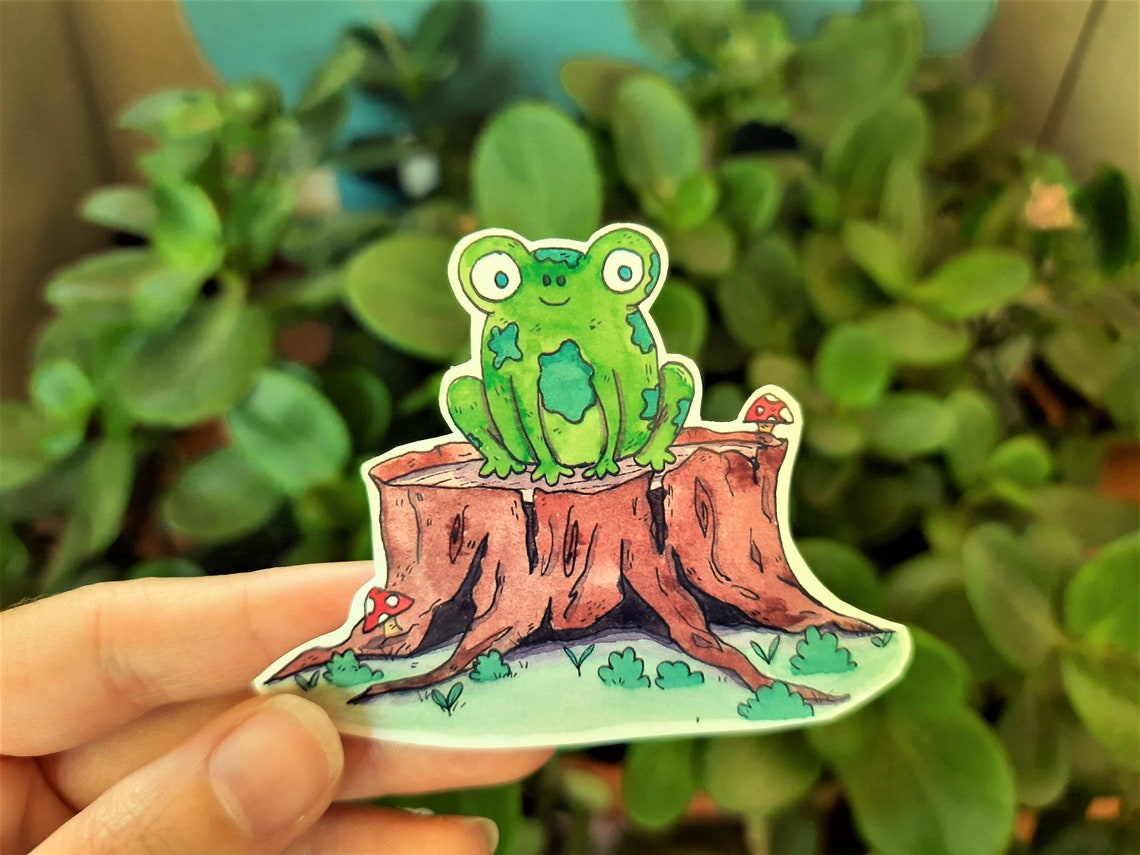 Green frog on a tree stump sticker dreamy vibes witch vibes | Etsy
